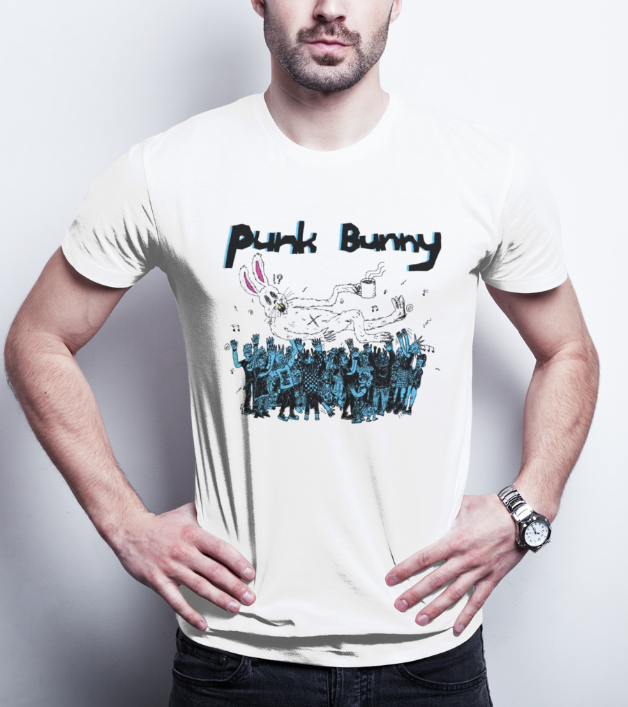 Punk Bunny Coffee Cup Crowd Green Day Style White T-Shirt
