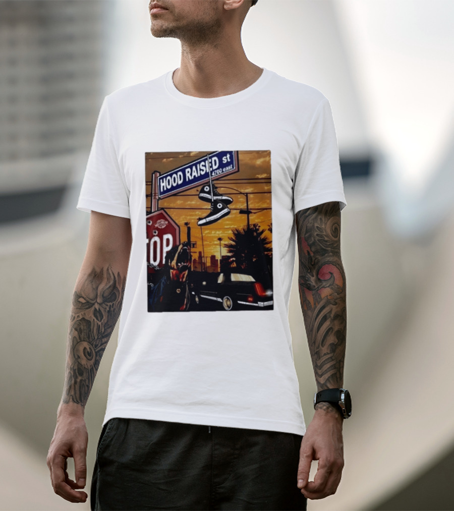 Hood Raised Street 4700 East Rottweiler Lowrider Sneakers And Sunset Urban Scene T-Shirt