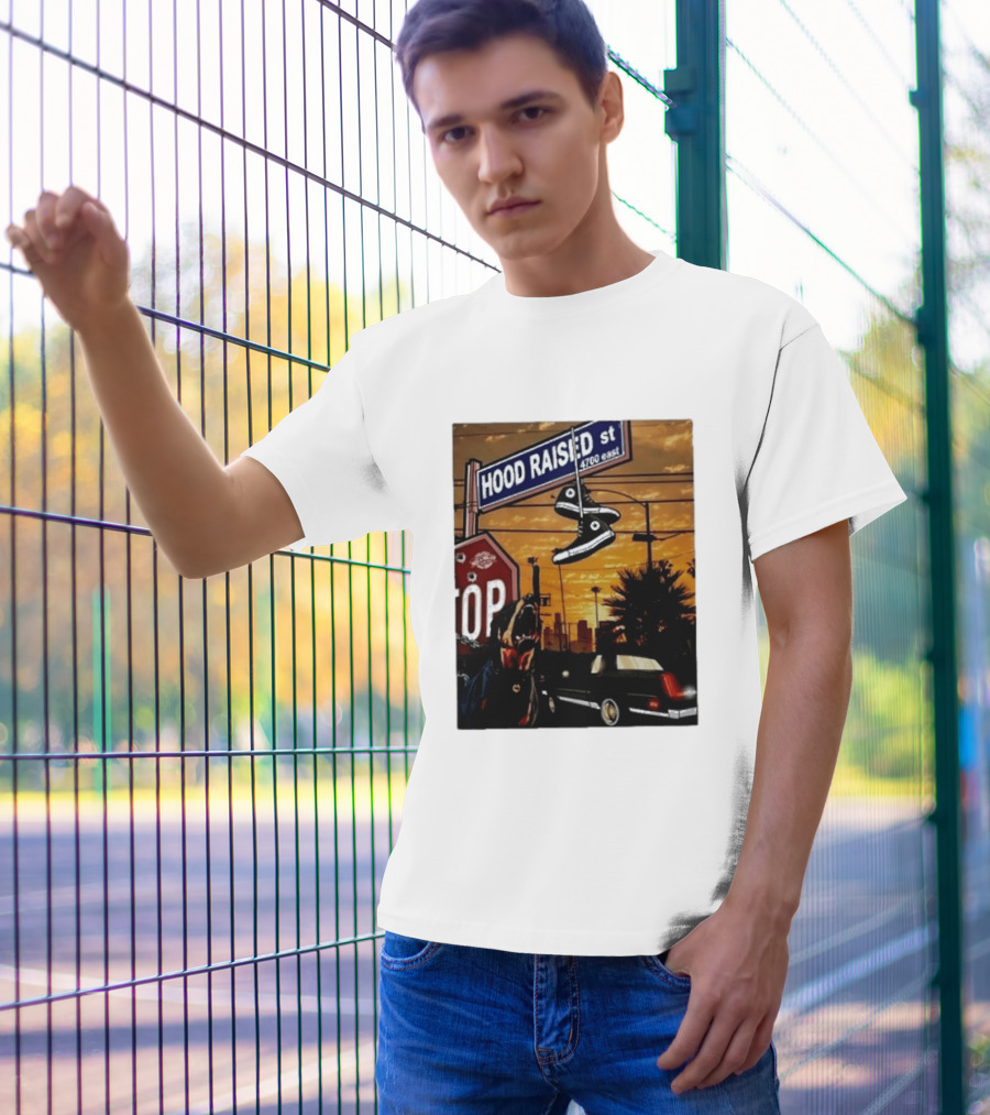 Hood Raised Street 4700 East Rottweiler Lowrider Sneakers And Sunset Urban Scene T-Shirt