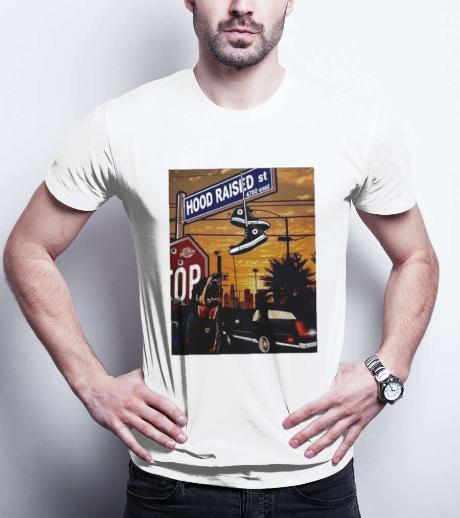 Hood Raised Street 4700 East Rottweiler Lowrider Sneakers And Sunset Urban Scene T-Shirt