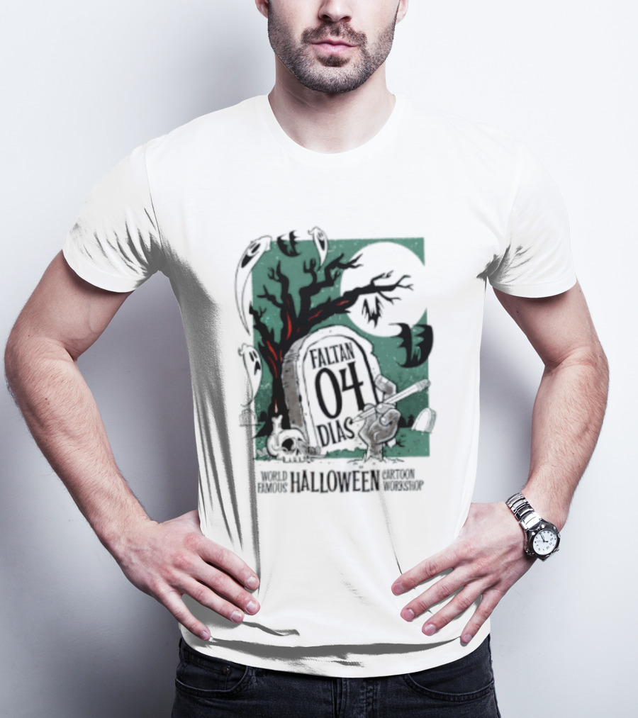 Faltan 04 Dias World Famous Halloween Cartoon Workshop Spooky Tree And Bats T-Shirt