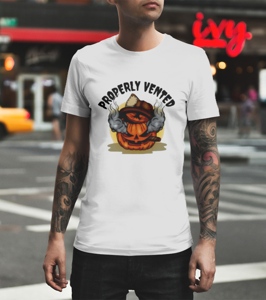 Properly Vented Firefighter Pumpkin Halloween Smoky Jack O' Lantern T-Shirt