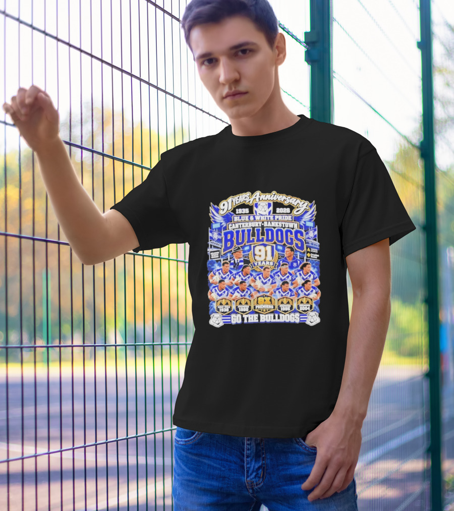 91 Years Anniversary 1935 2026 Canterbury Bankstown Bulldogs Blue White Pride Go The Bulldogs 8x Premiers T-Shirt