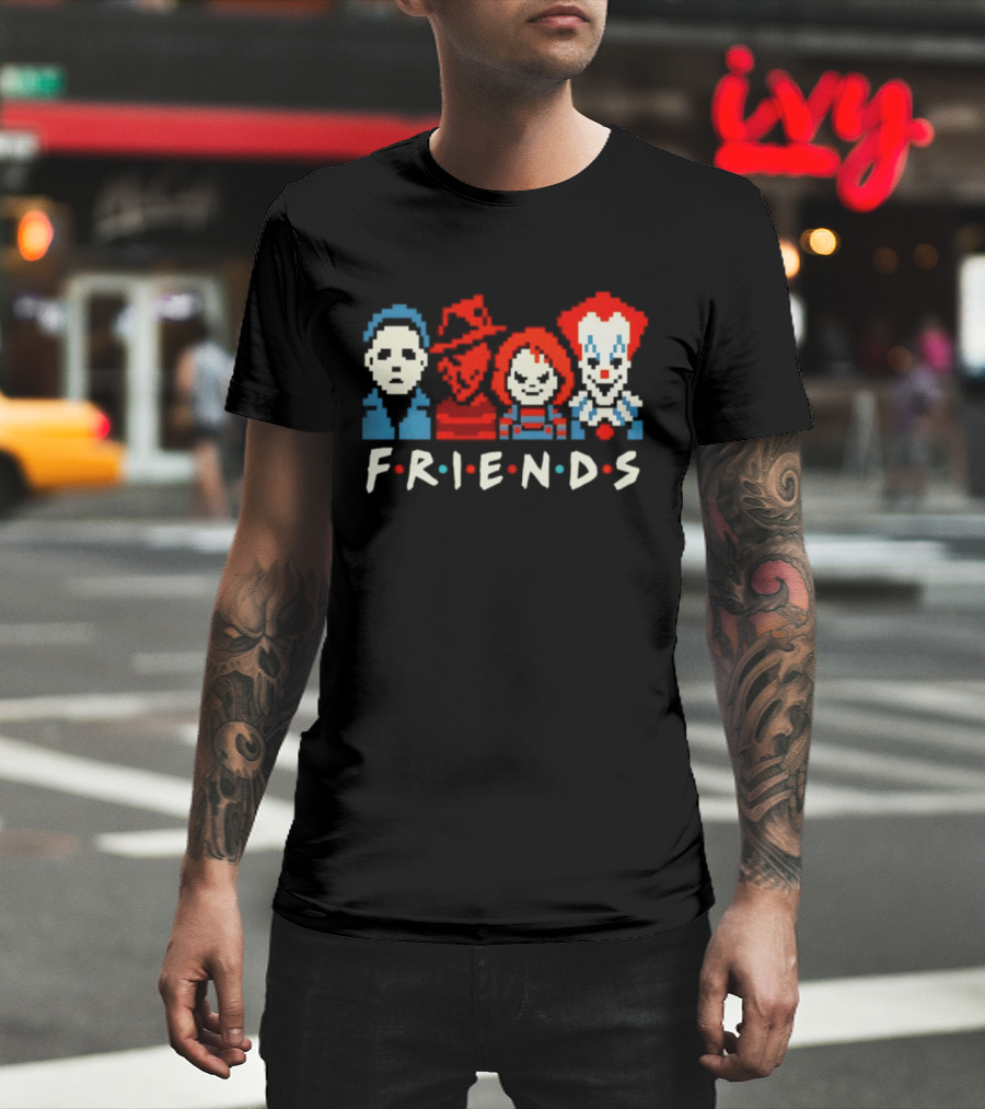Friends Horror Movie Characters Pixel Art Michael Freddy Chucky Pennywise T-Shirt