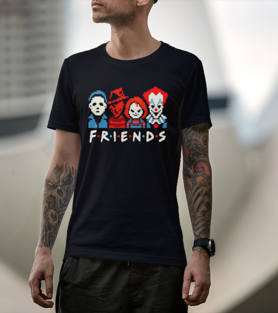 Friends Horror Movie Characters Pixel Art Michael Freddy Chucky Pennywise T-Shirt