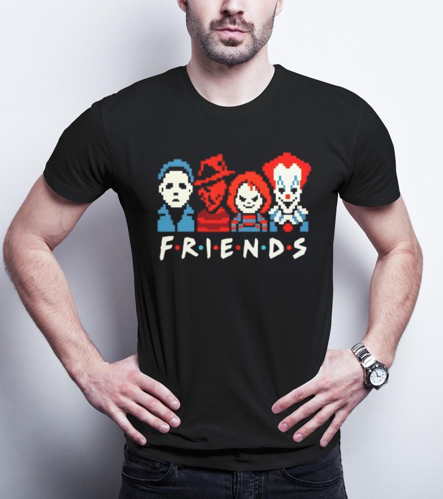 Friends Horror Movie Characters Pixel Art Michael Freddy Chucky Pennywise T-Shirt