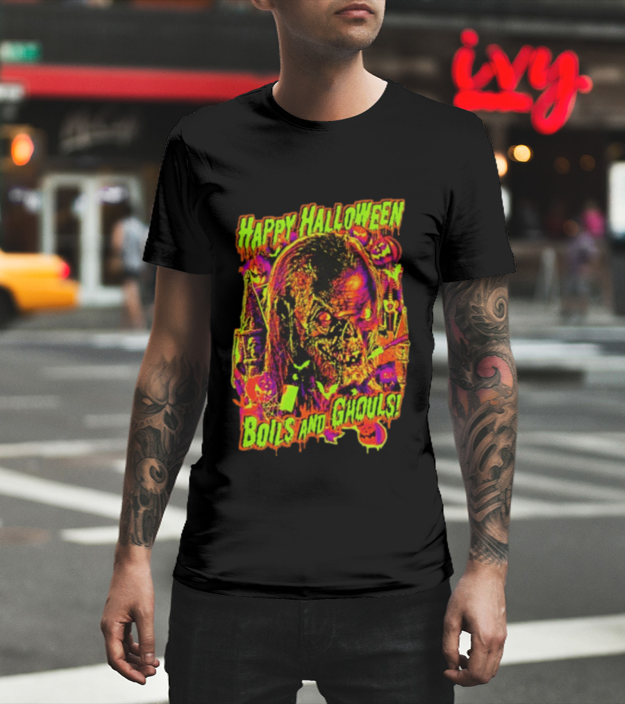 Happy Halloween Boils And Ghouls Horror Zombie Pumpkins Candles Spooky Scene T-Shirt