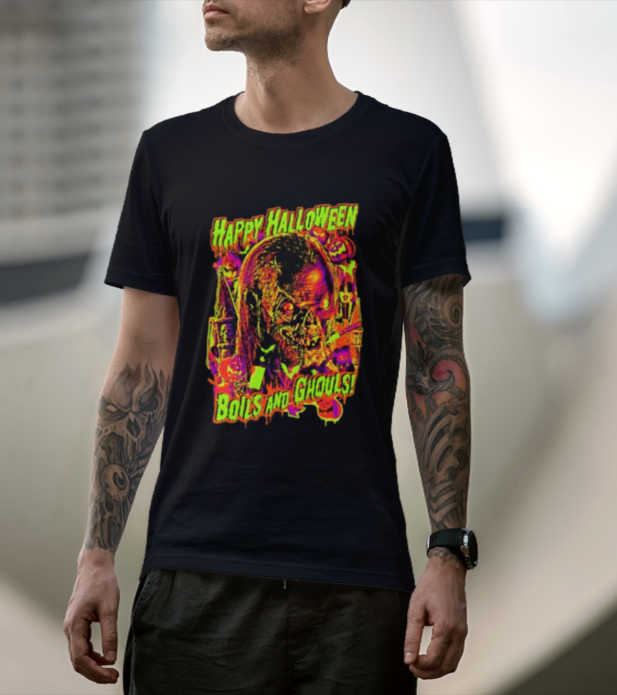 Happy Halloween Boils And Ghouls Horror Zombie Pumpkins Candles Spooky Scene T-Shirt