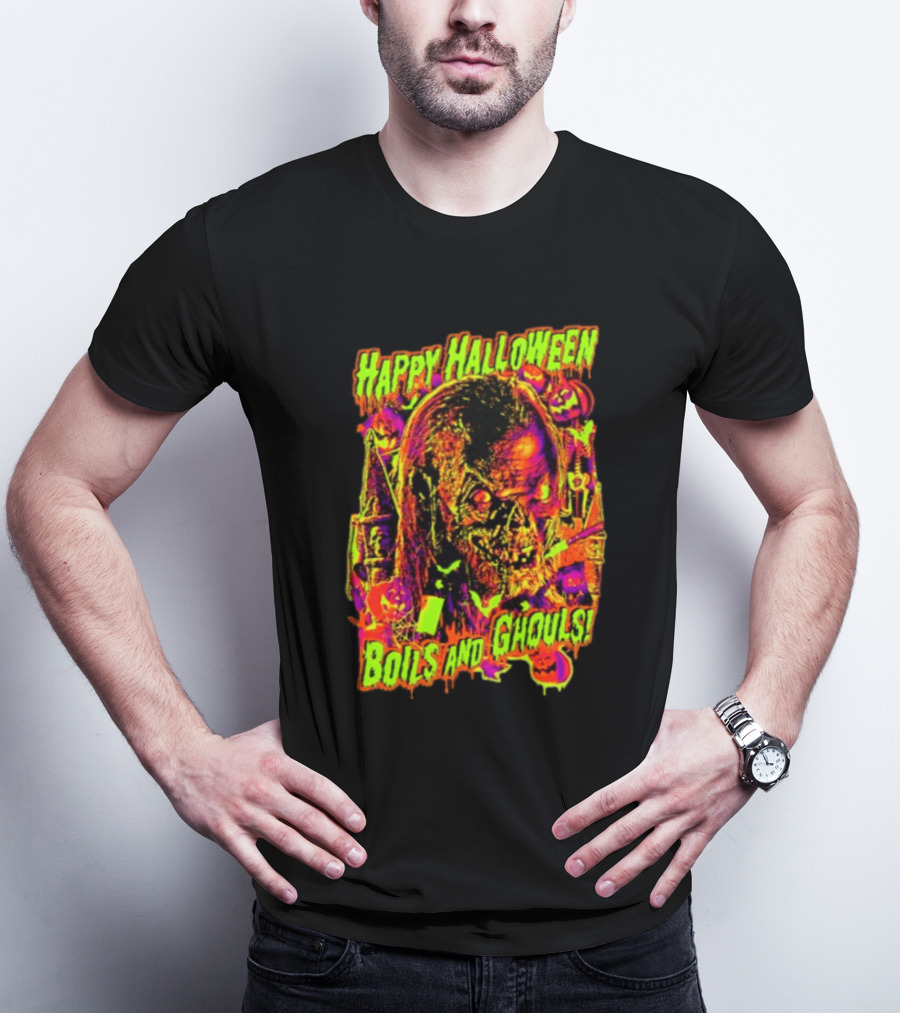 Happy Halloween Boils And Ghouls Horror Zombie Pumpkins Candles Spooky Scene T-Shirt
