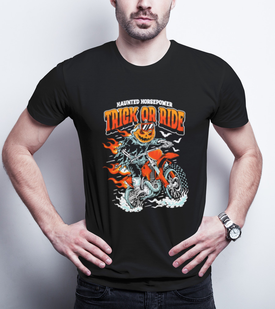Haunted Horsepower Trick Or Ride Halloween Pumpkin Motorcycle Flames T-Shirt