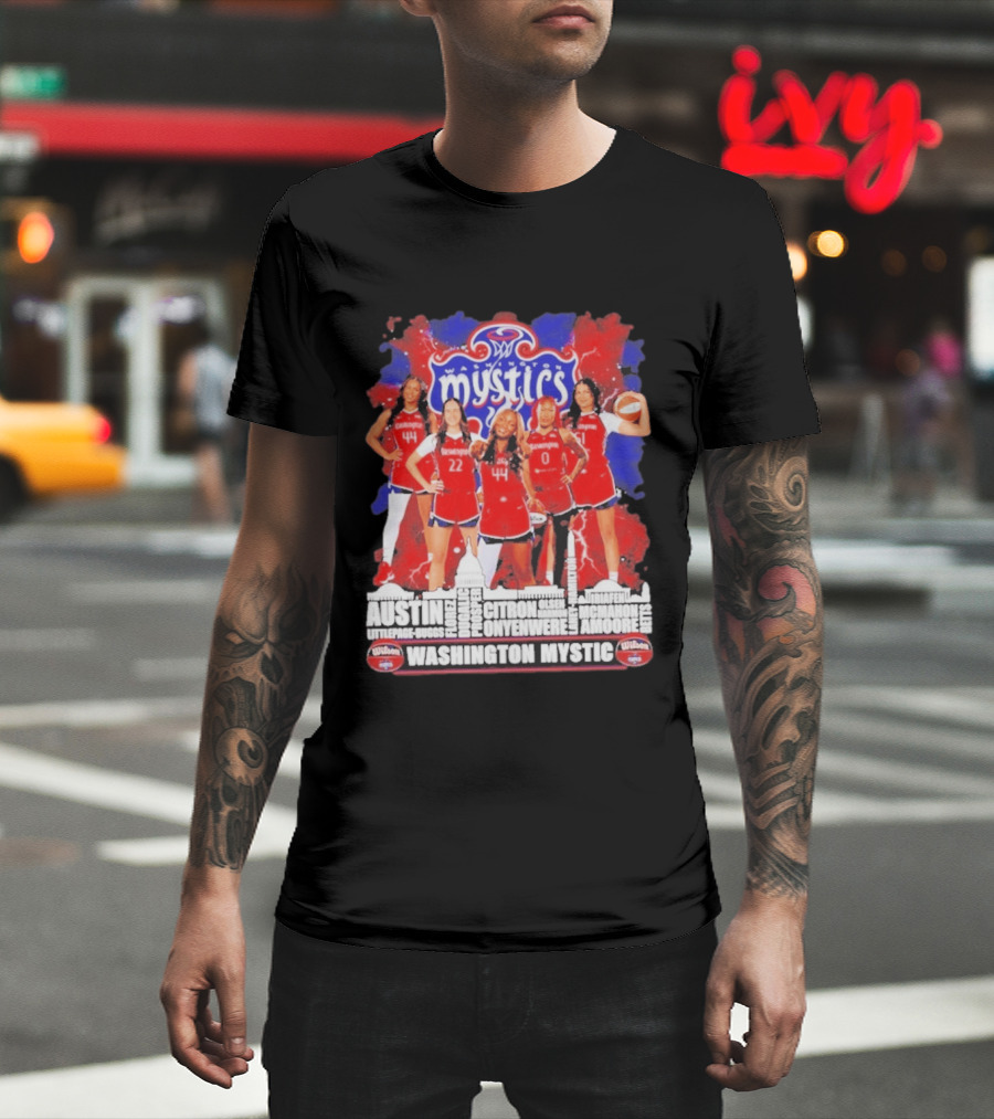 Washington Mystics Roster WNBA Basketball Skyline Austin Littlepage Buggs Poole Citron Onyenwere Amihere Olsen McMahon Amooore T-Shirt