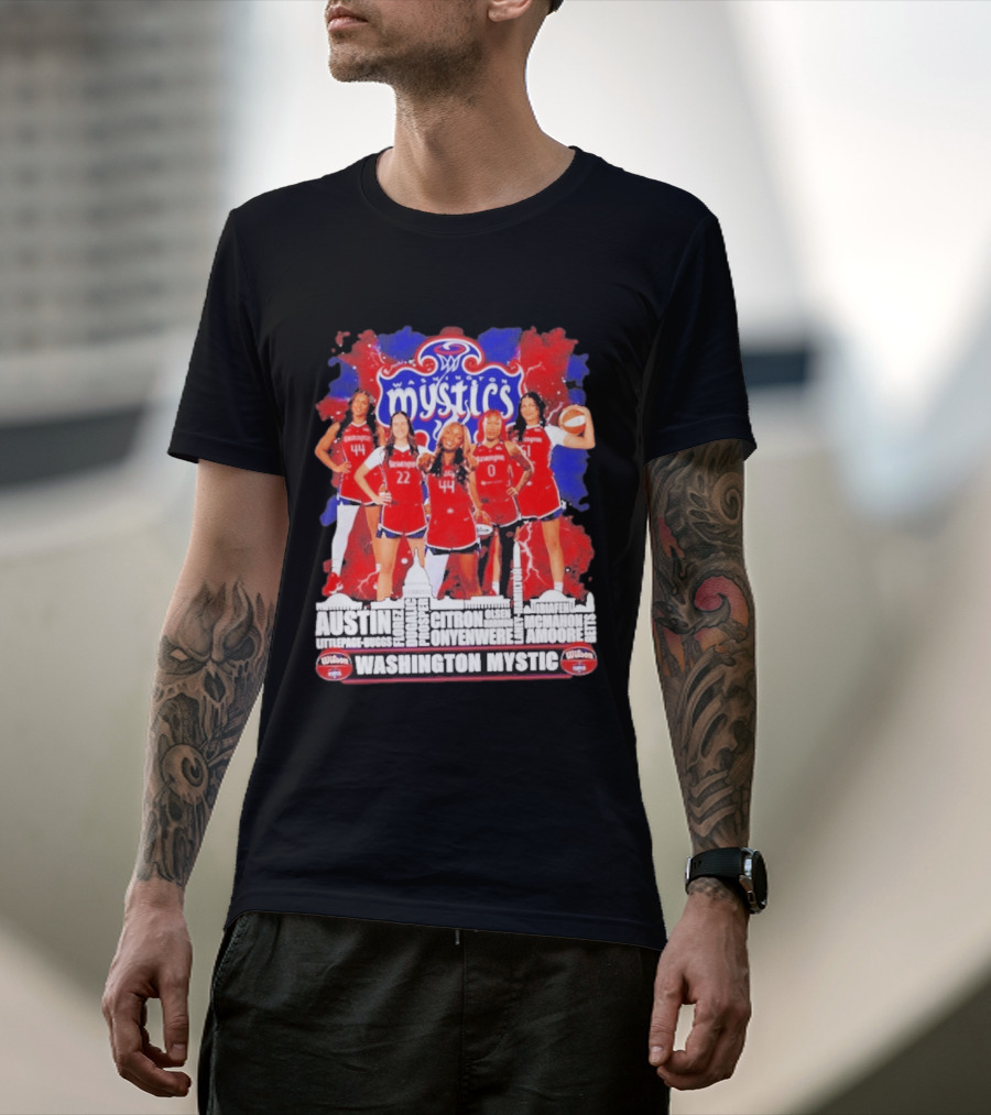 Washington Mystics Roster WNBA Basketball Skyline Austin Littlepage Buggs Poole Citron Onyenwere Amihere Olsen McMahon Amooore T-Shirt