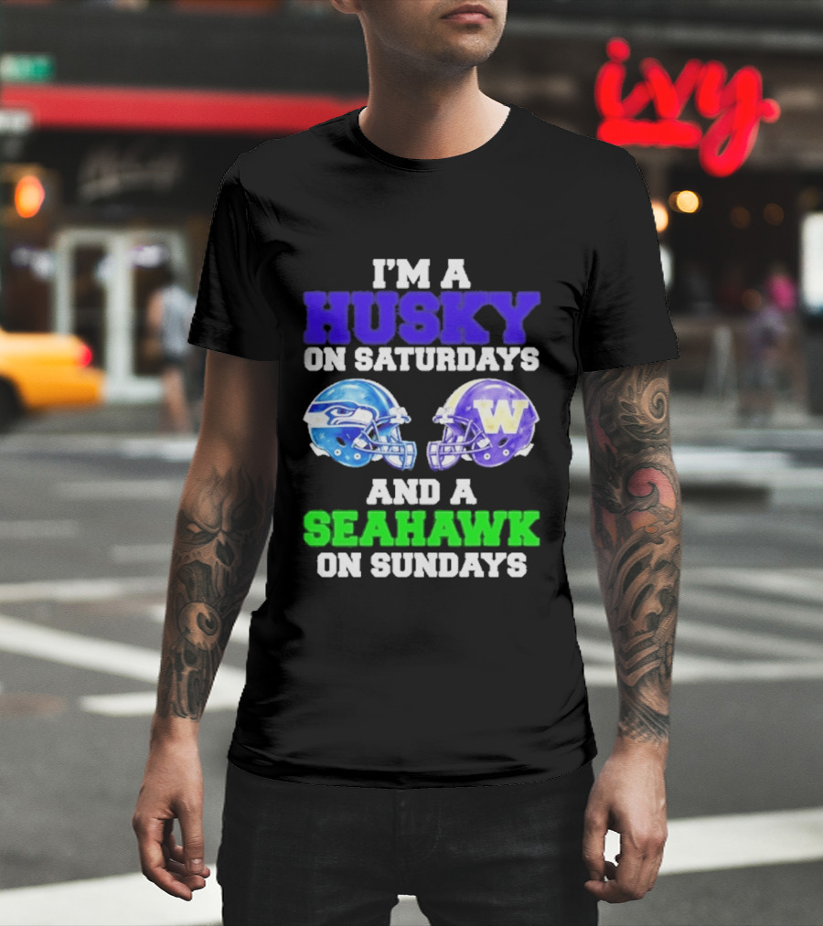 I'm A Husky On Saturdays And A Seahawk On Sundays Football Helmet Helmets T-Shirt