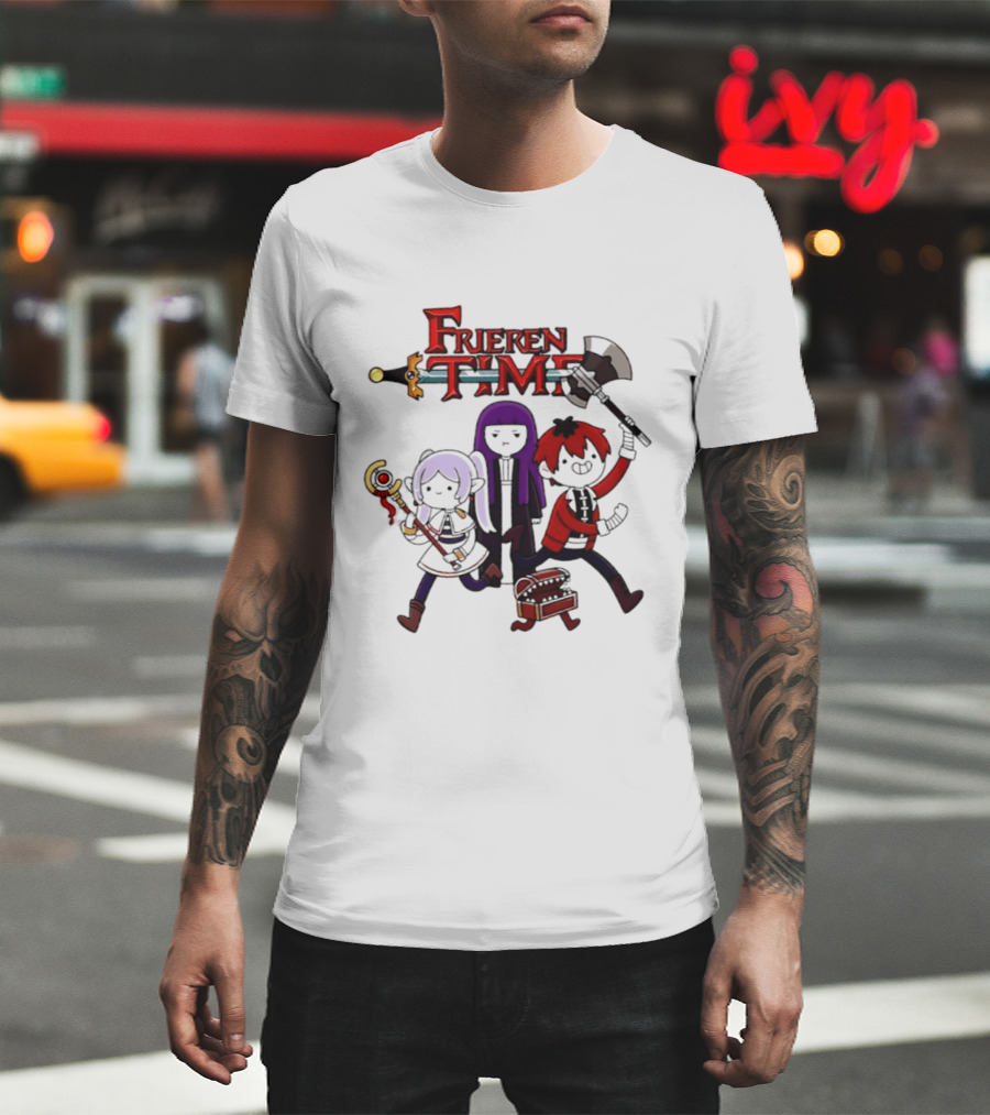 Frieren Time Adventure Time Anime Crossover Characters With Weapons And Staff T-Shirt