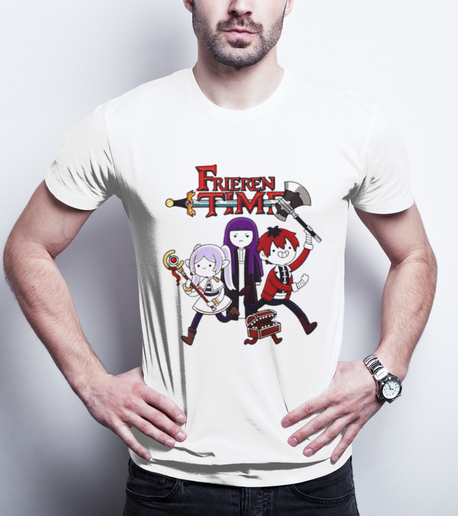 Frieren Time Adventure Time Anime Crossover Characters With Weapons And Staff T-Shirt