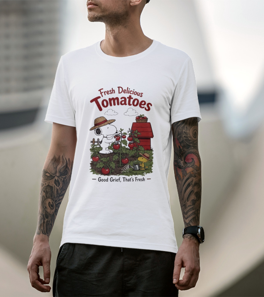 Snoopy Fresh Delicious Tomatoes Good Grief That's Fresh Garden Scene T-Shirt