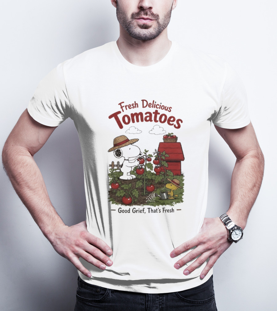 Snoopy Fresh Delicious Tomatoes Good Grief That's Fresh Garden Scene T-Shirt