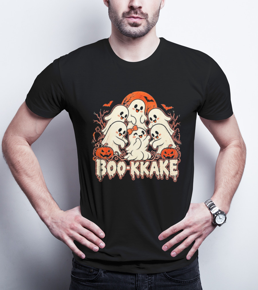 Boo Kkake Japanese Halloween Ghosts Pumpkins Bats Orange Moon T-Shirt