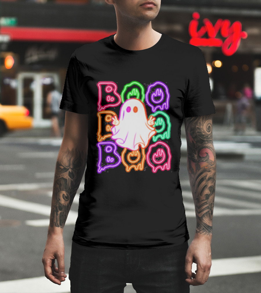 Ghost Boo Neon Halloween Spooky Bright T-Shirt