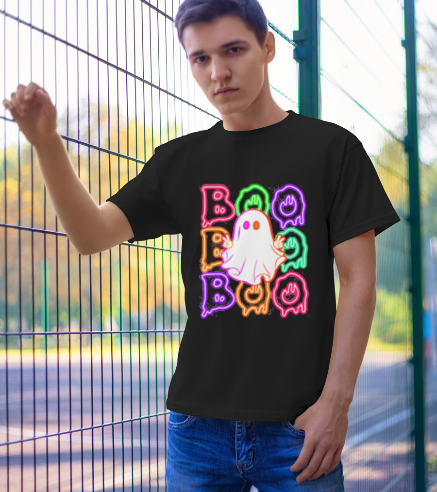 Ghost Boo Neon Halloween Spooky Bright T-Shirt