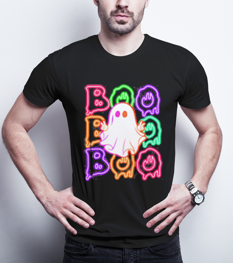 Ghost Boo Neon Halloween Spooky Bright T-Shirt