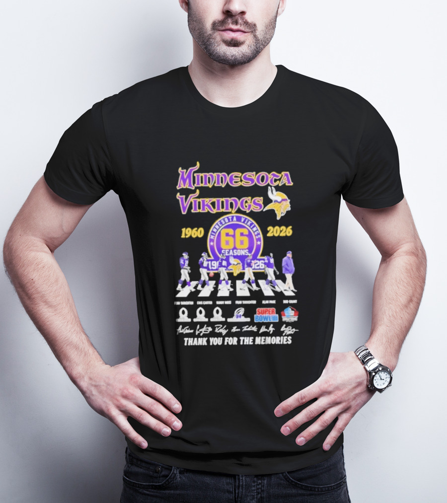 Minnesota Vikings 66 Seasons 1960 2026 Abbey Road Fran Tarkenton Cris Carter Randy Moss Alan Page Bud Grant Super Bowl Thank You For The Memories T-Shirt