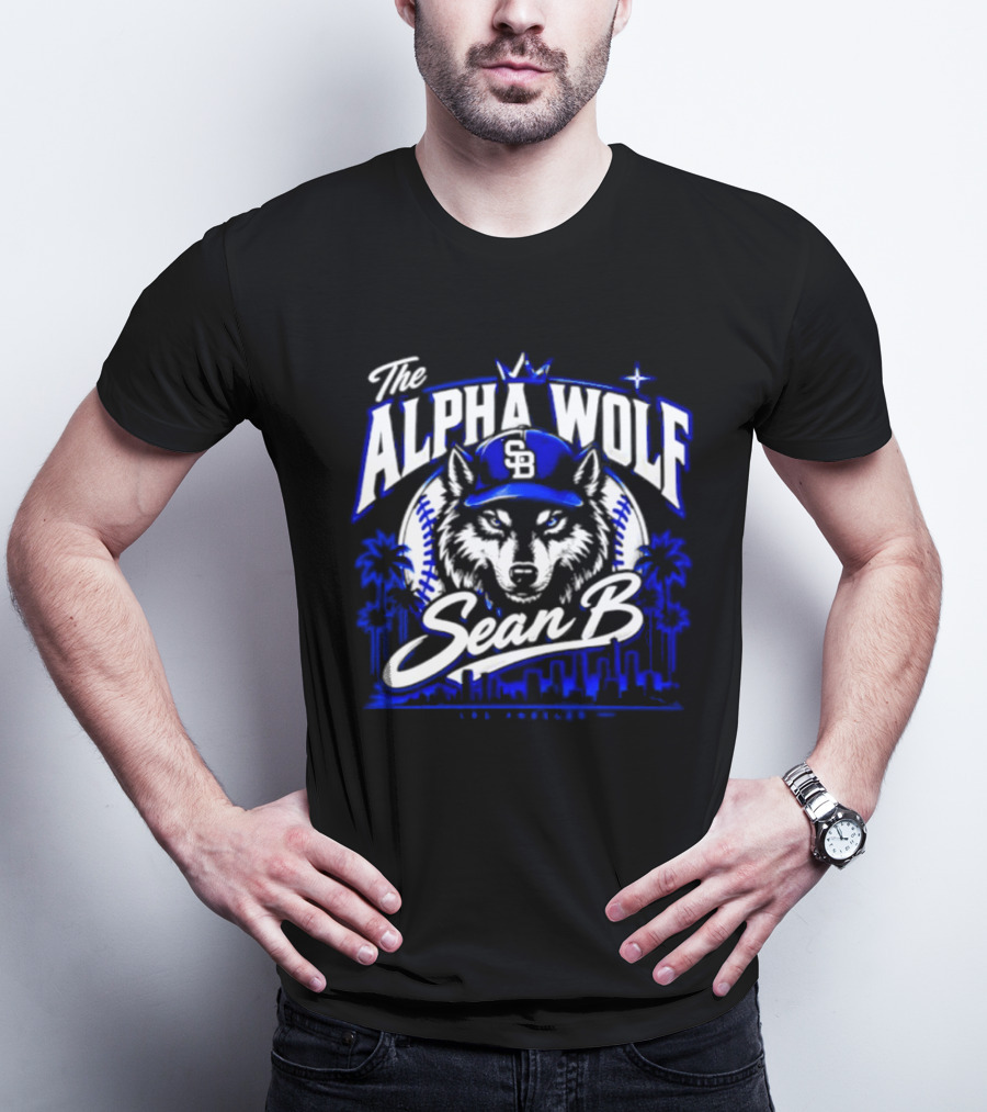 The Alpha Wolf Sean B LA Dodgers Skyline Wolf Baseball Cap Stars Palms T-Shirt