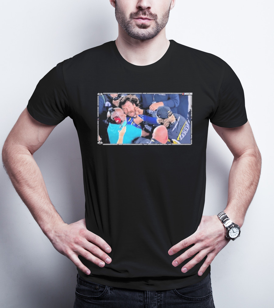 NASCAR Carson Hocevar And Ryan Blaney Confrontation Action Scene T-Shirt