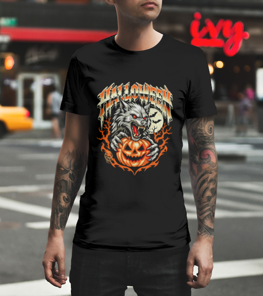 Halloween Werewolf With Jack O' Lantern And Full Moon T-Shirt