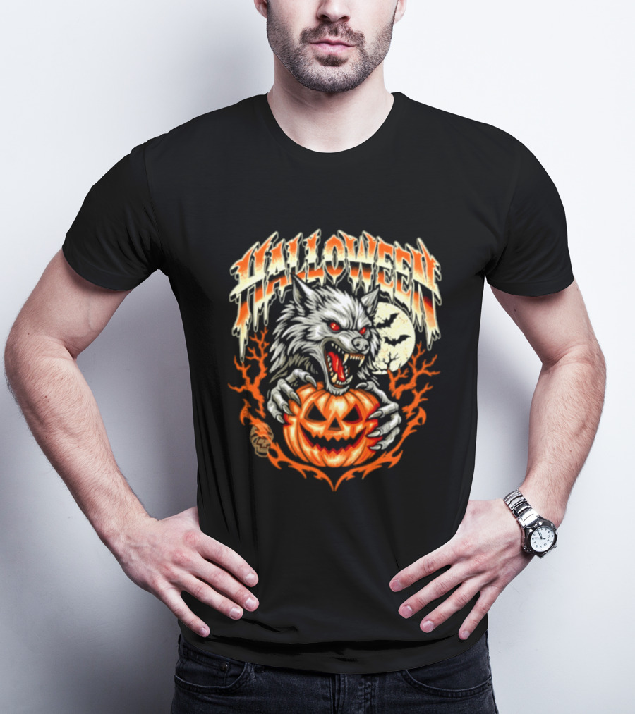 Halloween Werewolf With Jack O' Lantern And Full Moon T-Shirt