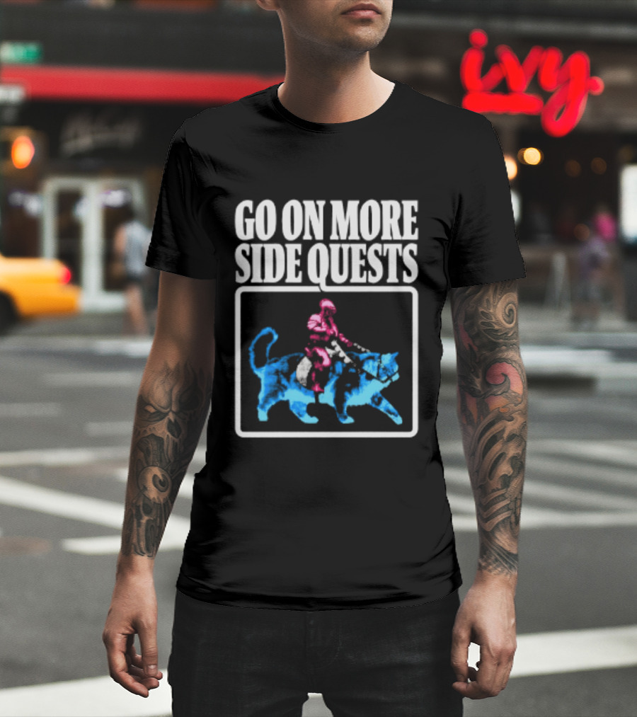 Go On More Side Quests Knight Riding Cat Pixel T-Shirt