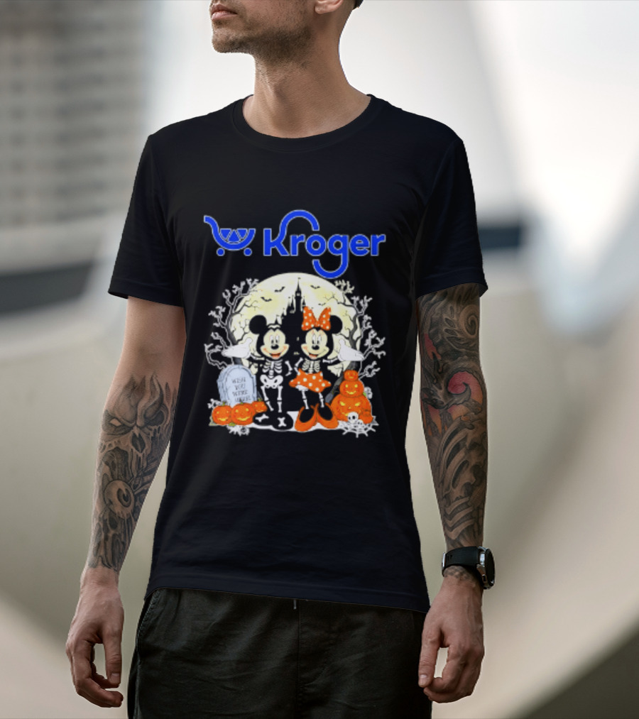 Kroger Mickey And Minnie Mouse Skeleton Halloween Pumpkins And Gravestone T-Shirt