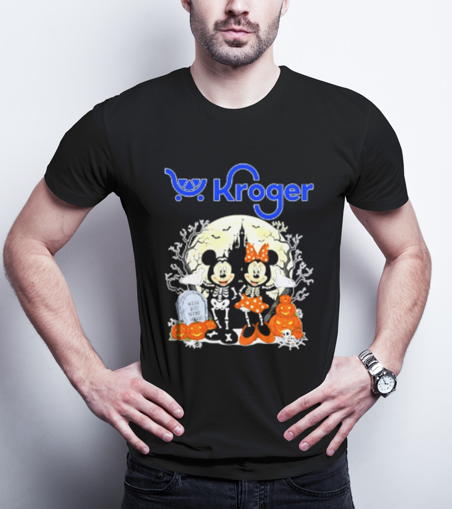 Kroger Mickey And Minnie Mouse Skeleton Halloween Pumpkins And Gravestone T-Shirt