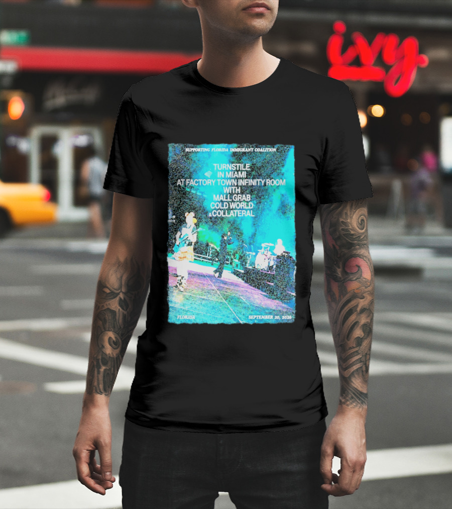 Supporting Florida Immigrant Coalition Turnstile In Miami Factory Town Infinity Room With Mall Grab Cold World Collateral September 20 2026 T-Shirt