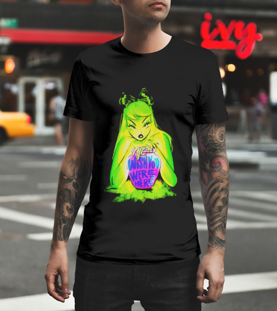 Wish You Were Here Skeleton Urn Goth Spooky Green Yellow Pink Ghostly Aesthetic T-Shirt