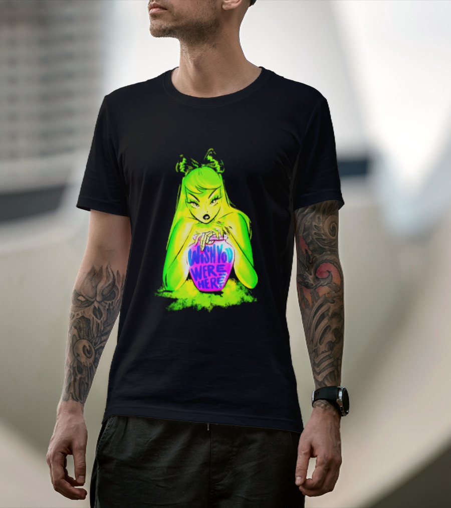 Wish You Were Here Skeleton Urn Goth Spooky Green Yellow Pink Ghostly Aesthetic T-Shirt