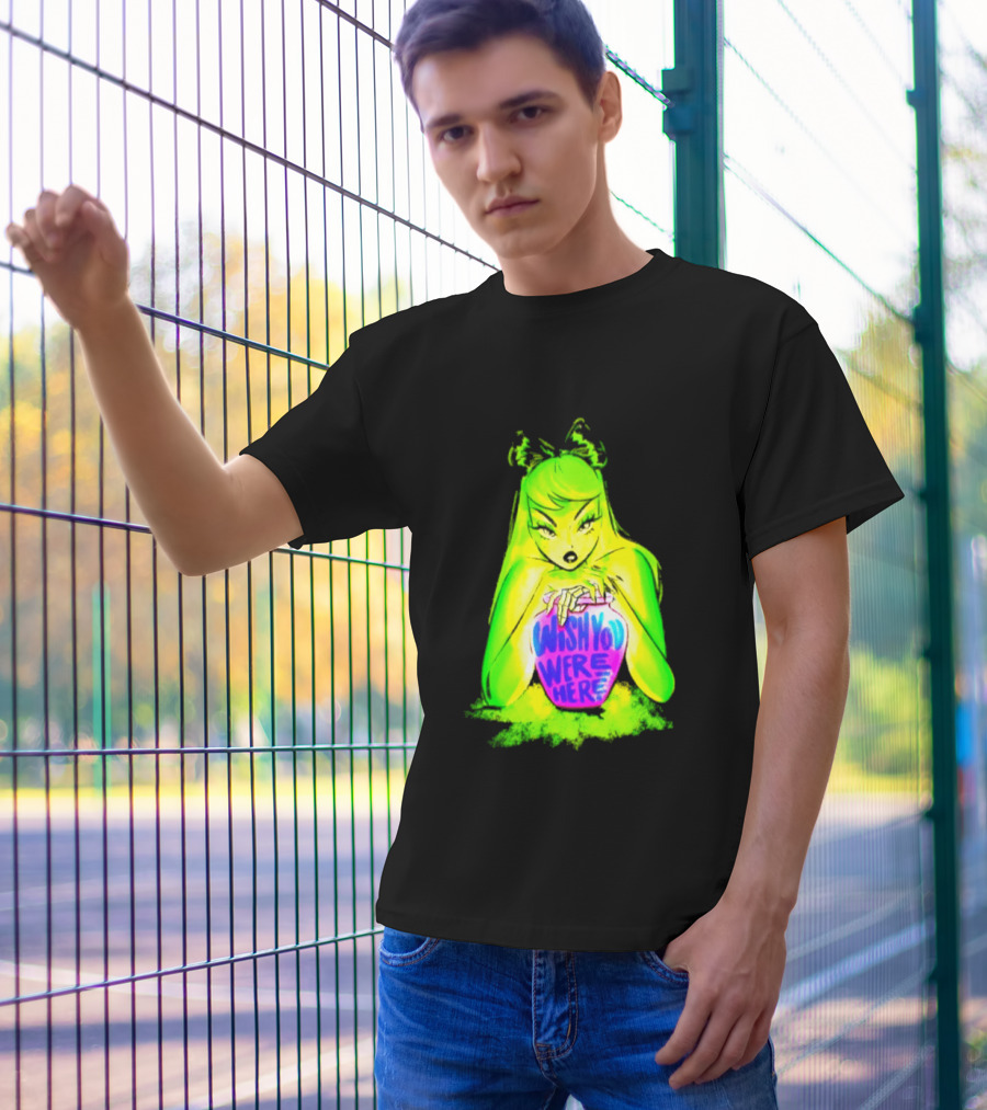 Wish You Were Here Skeleton Urn Goth Spooky Green Yellow Pink Ghostly Aesthetic T-Shirt