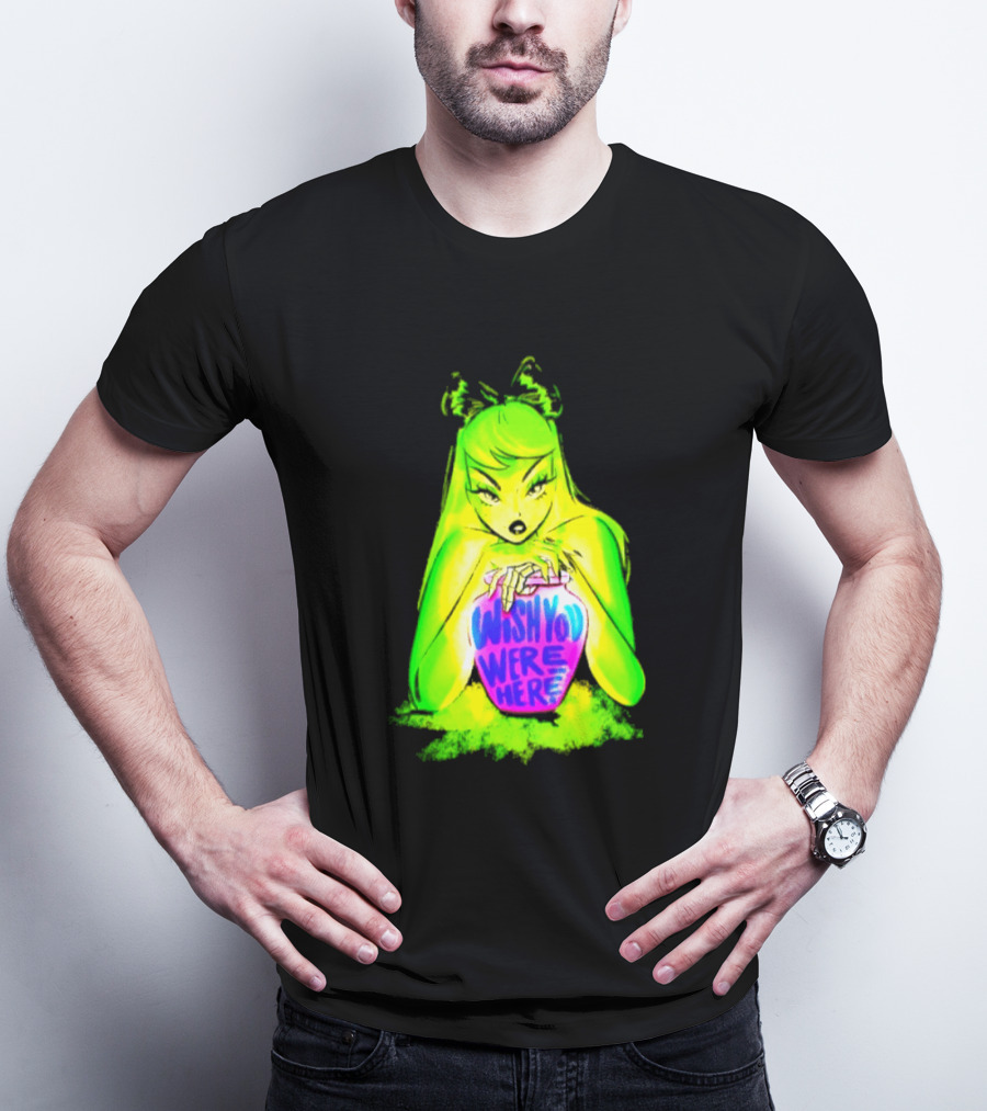 Wish You Were Here Skeleton Urn Goth Spooky Green Yellow Pink Ghostly Aesthetic T-Shirt
