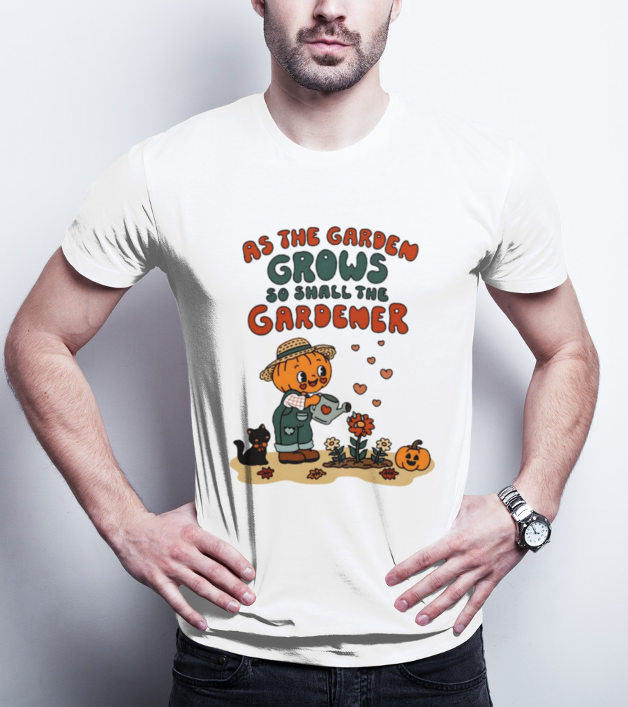 As The Garden Grows So Shall The Gardener Pumpkin Watering Flowers With Cat And Hearts T-Shirt