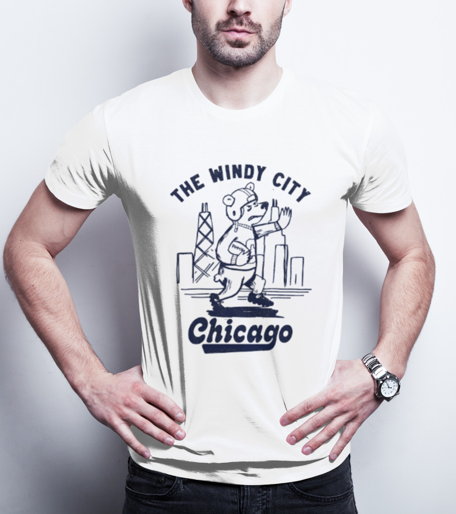 Chicago Bears The Windy City Football Character And Skyline T-Shirt
