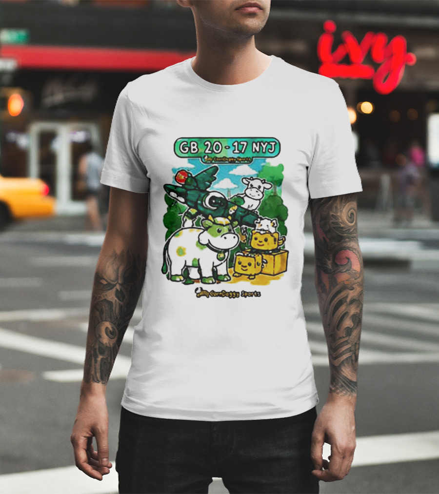 GB 20 17 NYJ Green Bay Football Green Cow Jet Cartoon Game Day T-Shirt