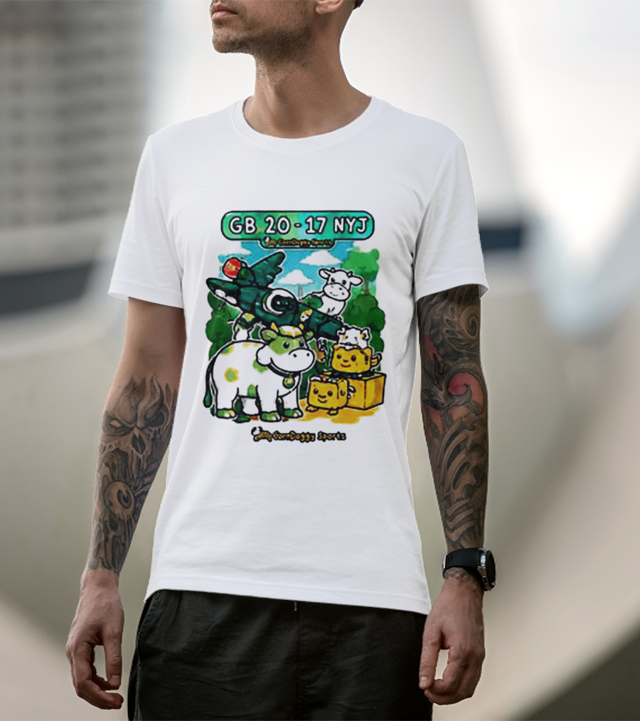 GB 20 17 NYJ Green Bay Football Green Cow Jet Cartoon Game Day T-Shirt