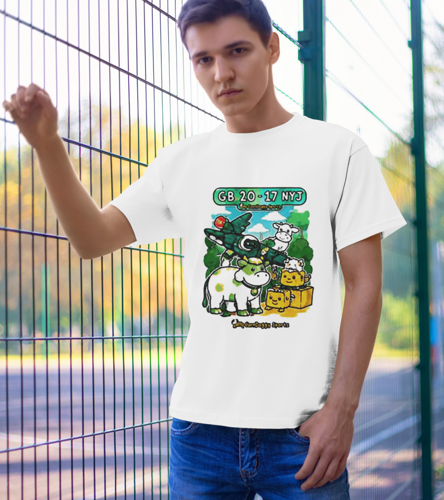 GB 20 17 NYJ Green Bay Football Green Cow Jet Cartoon Game Day T-Shirt