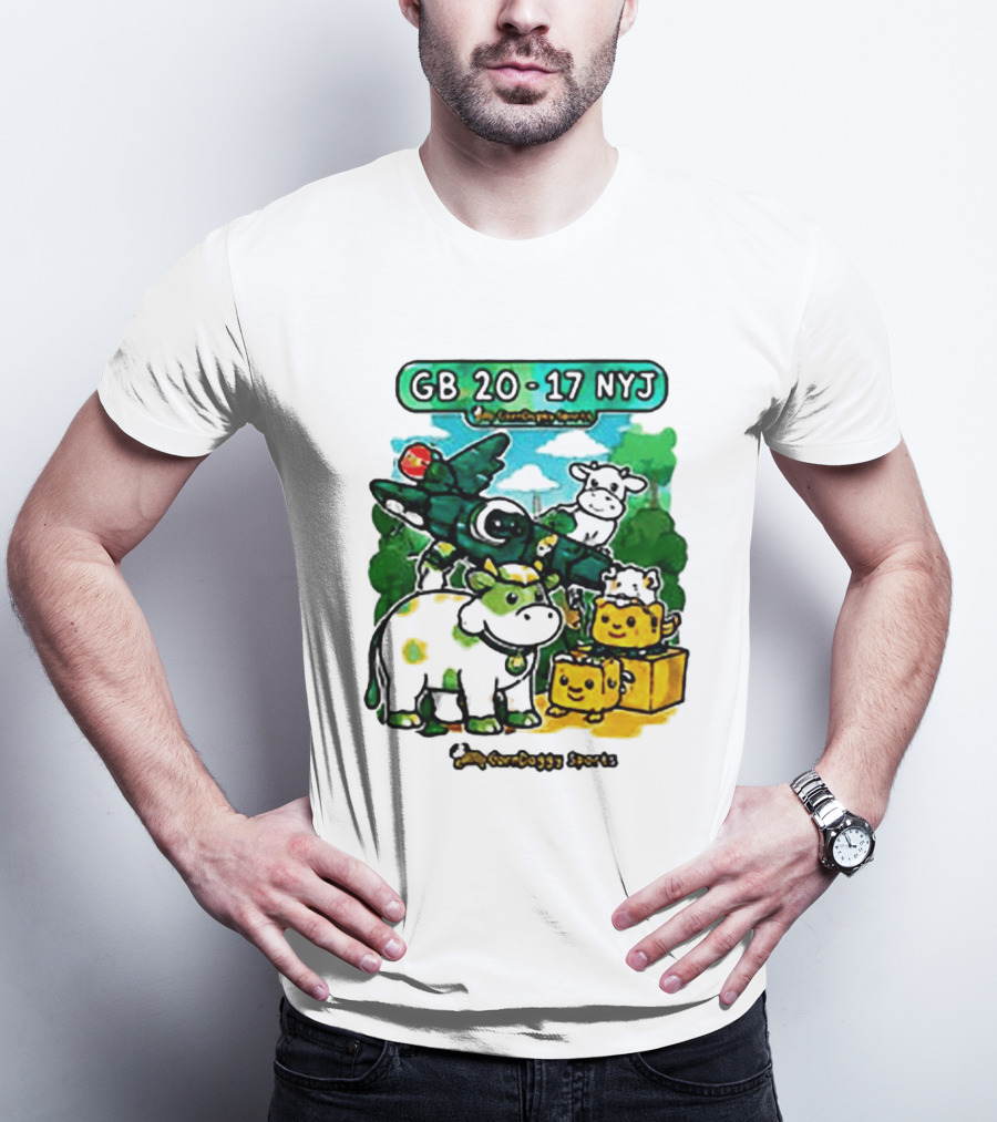 GB 20 17 NYJ Green Bay Football Green Cow Jet Cartoon Game Day T-Shirt
