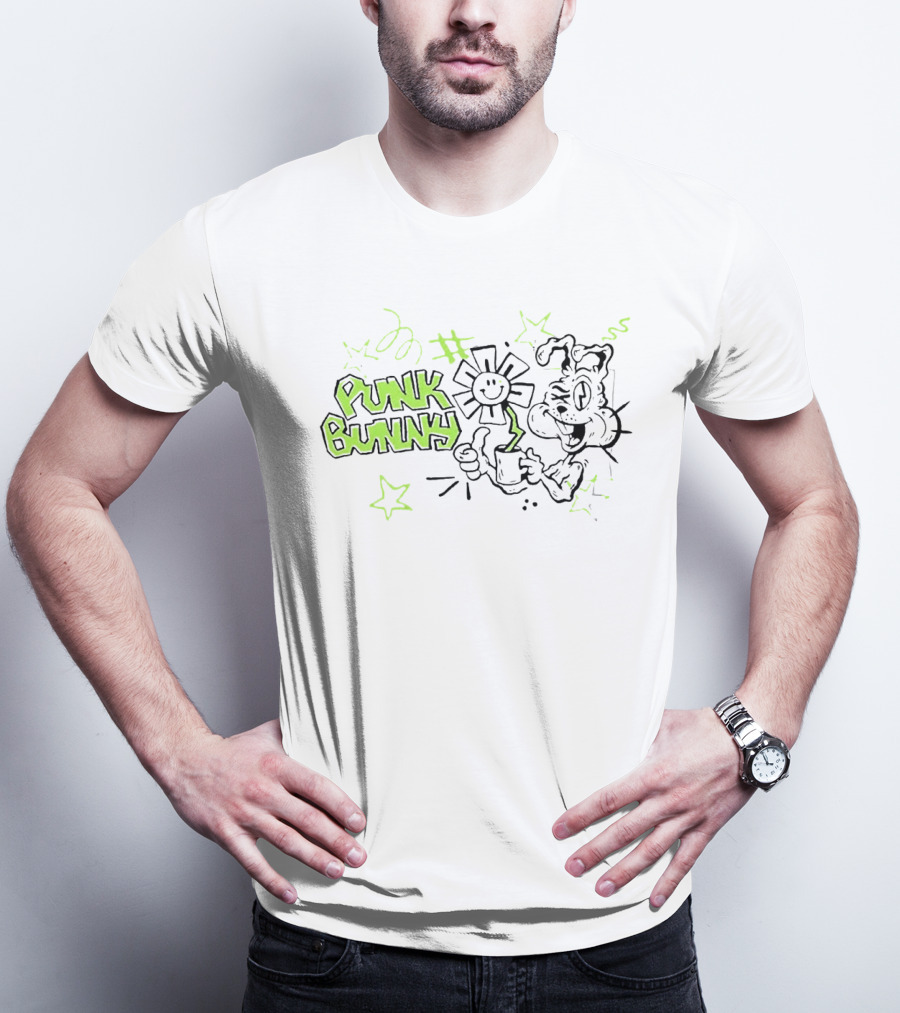 Punk Bunny Green Day Coffee Flower Light Blue T-Shirt