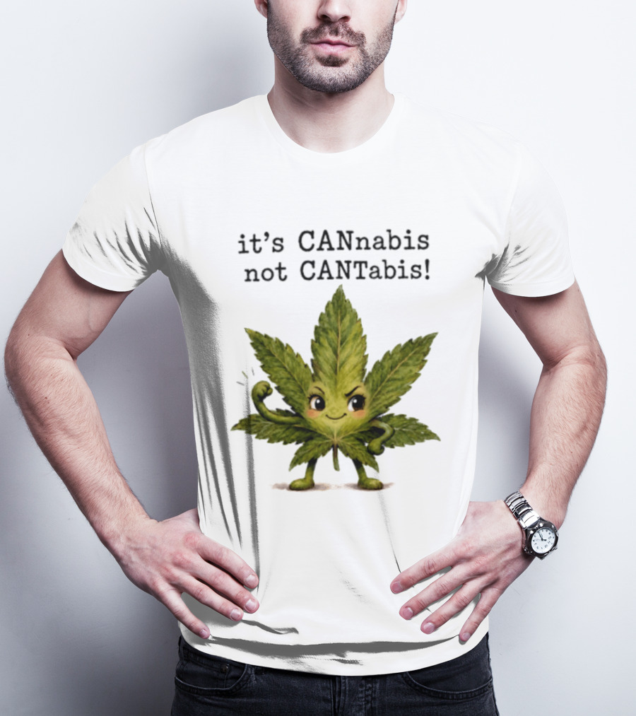 Cannabis Leaf Character It's CANnabis Not CANtabis Winking Cartoon T-Shirt