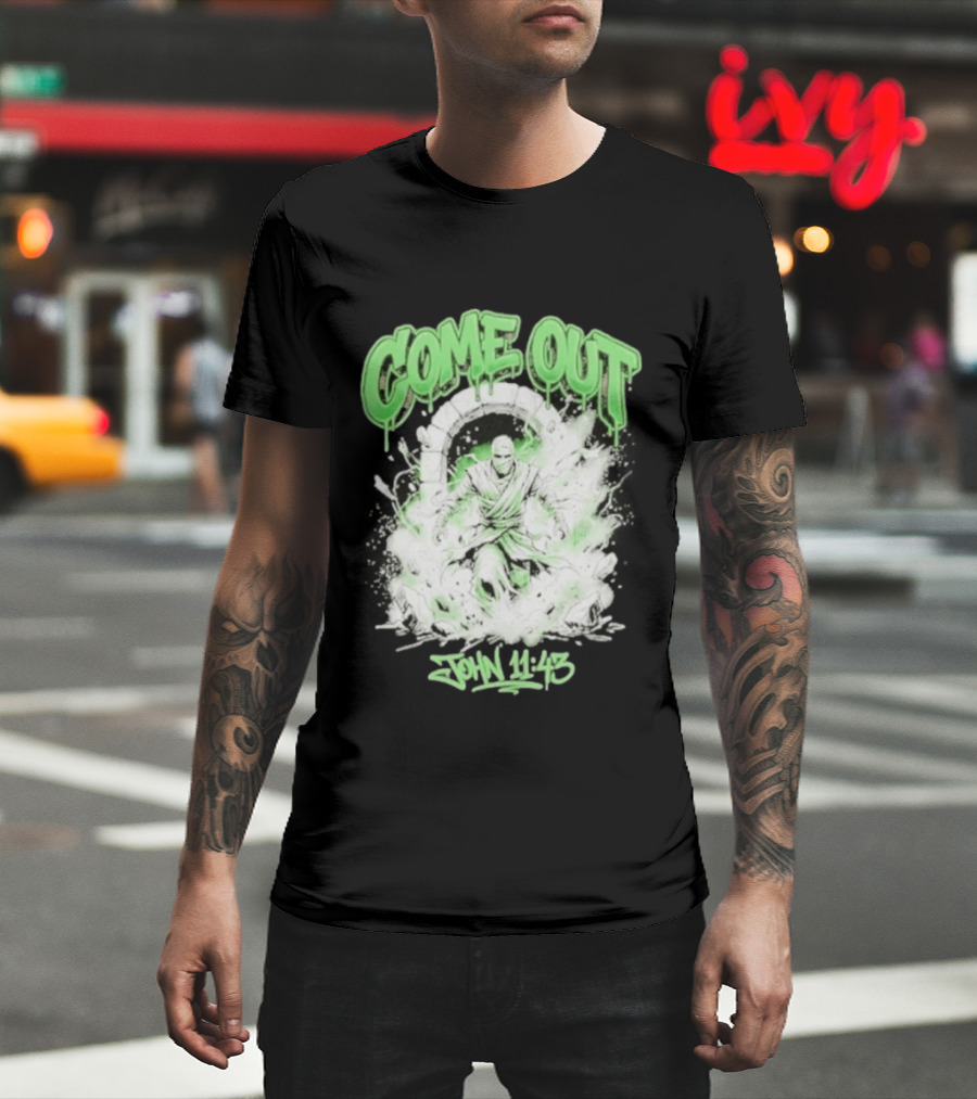 Come Out John 11 43 Mummy Bible Verse Green Drip T-Shirt