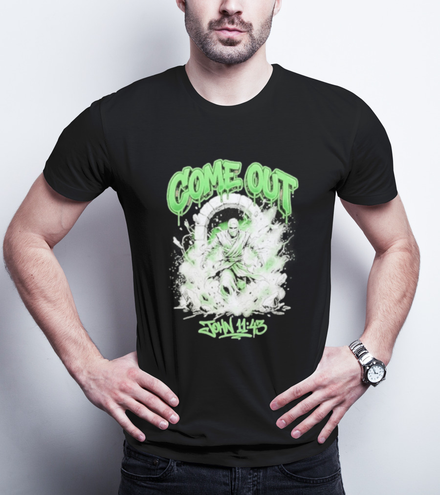 Come Out John 11 43 Mummy Bible Verse Green Drip T-Shirt
