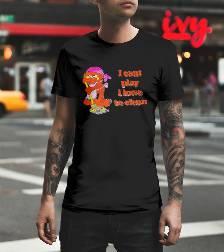 Garfield I Can't Play I Have To Clean Comic Image With Mop And Bandana T-Shirt