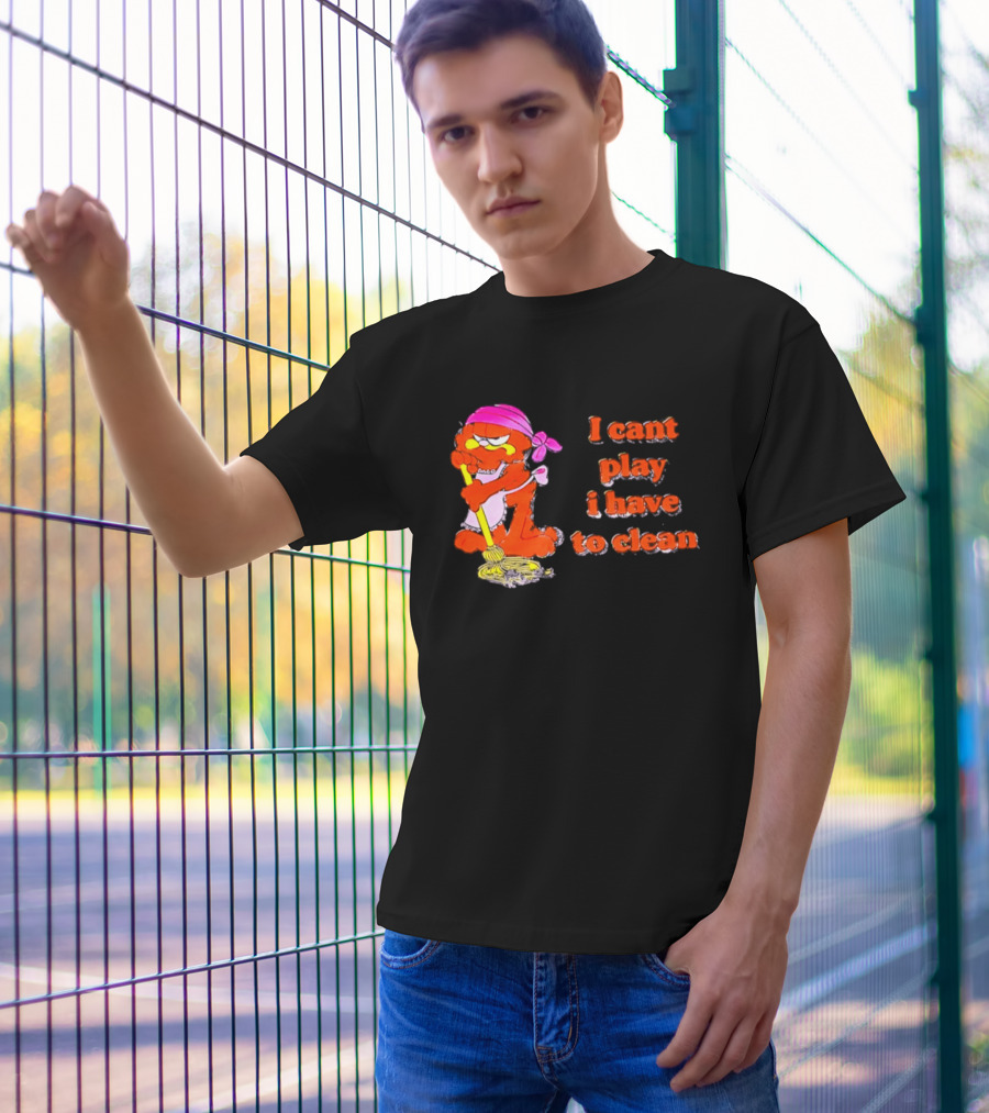 Garfield I Can't Play I Have To Clean Comic Image With Mop And Bandana T-Shirt